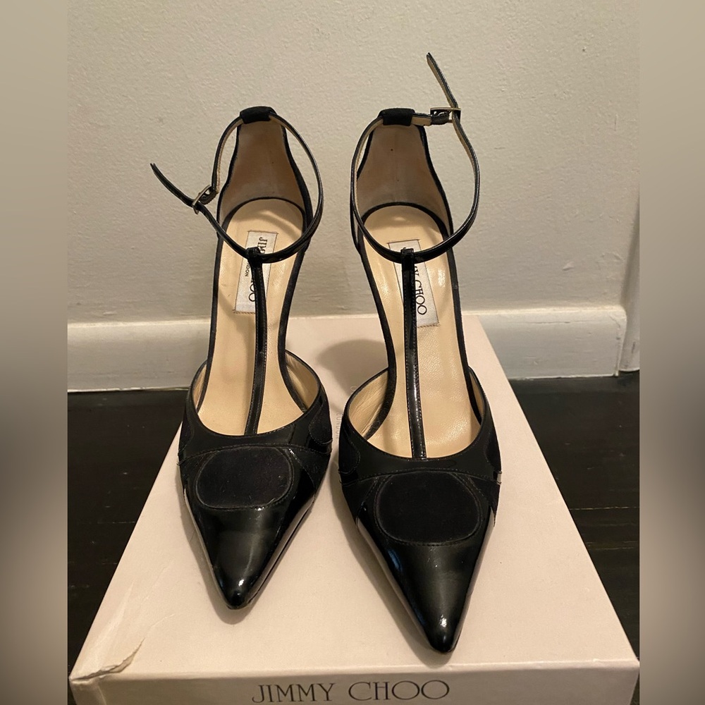 Jimmy Choo 38.5 Black Patent Leather/Suede Ankle Stra… - Gem